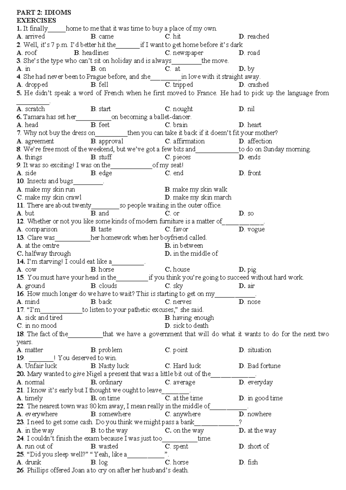 PART 2: IDIOMS EXERCISES - Practice and Answers - Studocu
