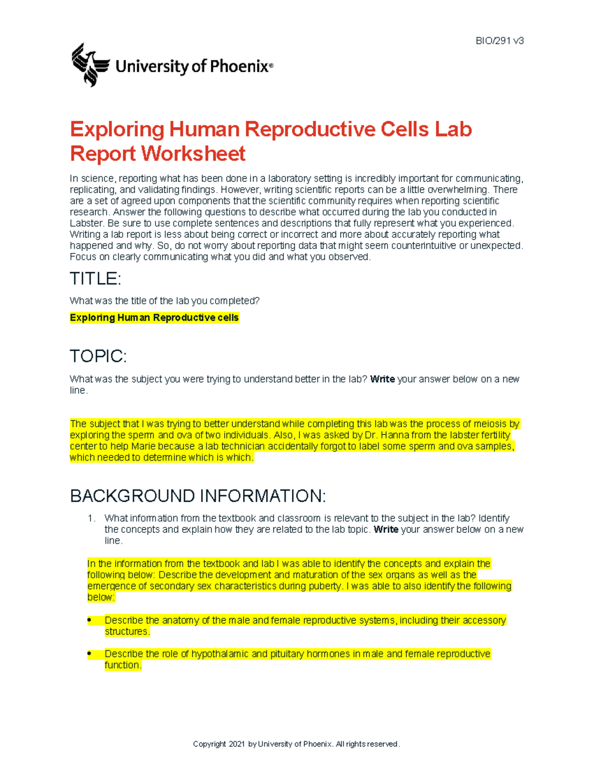 BIO/291 V - Lab Report on Exploring Human Reproductive Cells - Studocu