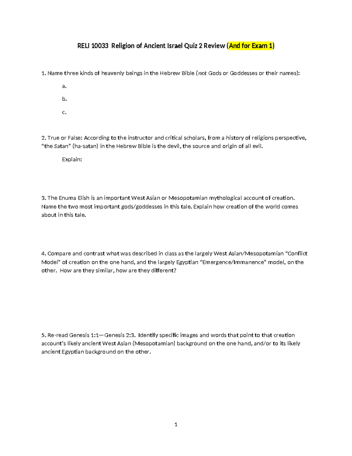 RELI 10033 Religion of Ancient Israel Quiz 2 Review for Exam 1 - b. c ...