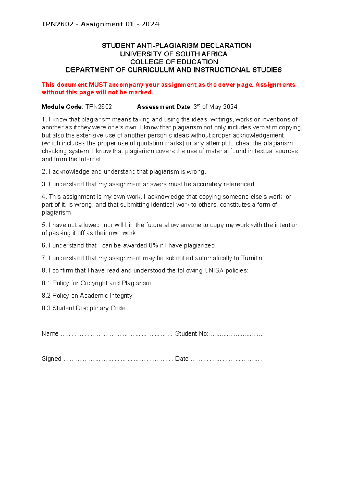 TPN2602 Assignment 01 - Anti-Plagiarism Declaration & Guidelines - Studocu