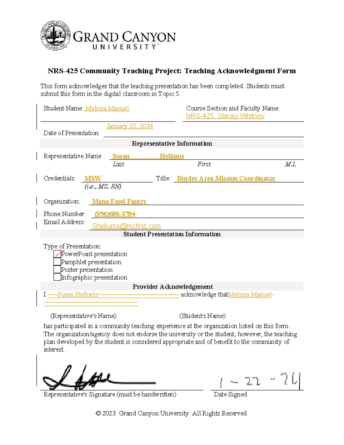 NRS 425 T5 Community Teaching Project Acknowledgment Form - Studocu