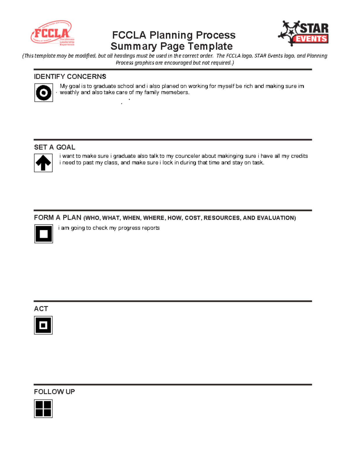FCCLA Planning Process Summary Template Guidelines - Studocu