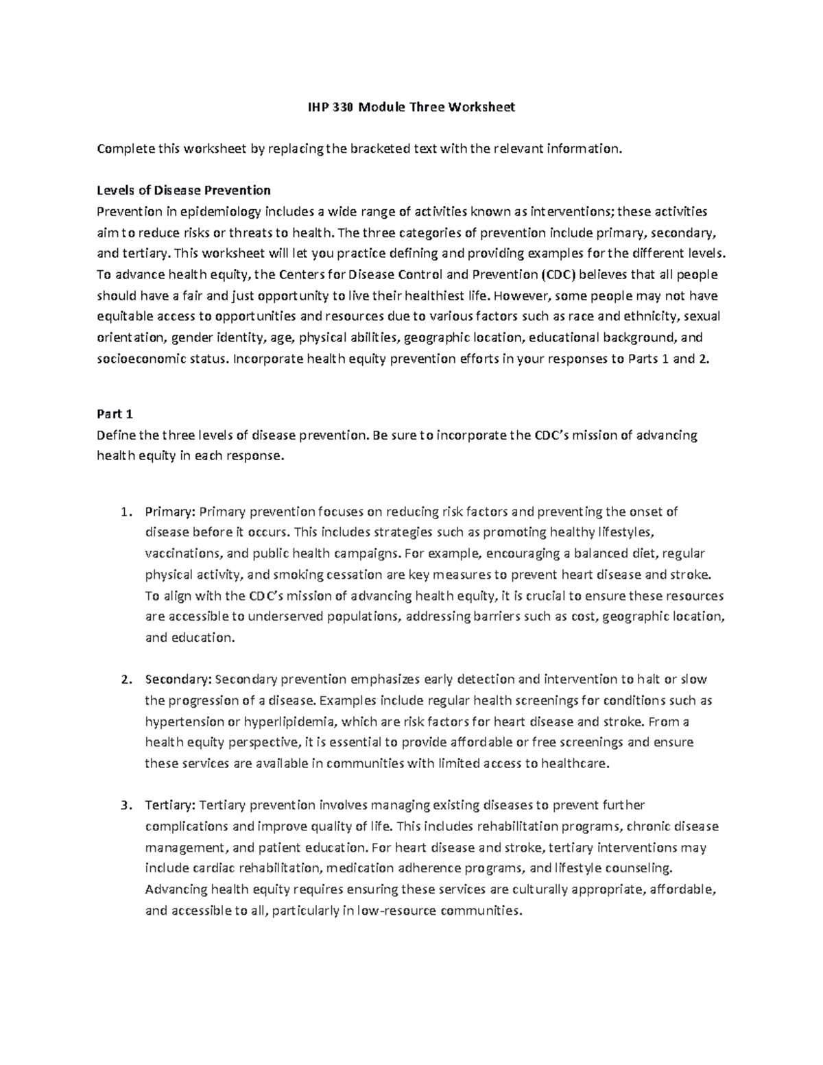 IHP 330 Module Three Worksheet: Levels of Disease Prevention Explained ...