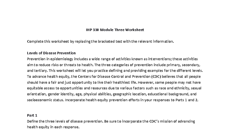 IHP 330 Module Three Worksheet: Levels of Disease Prevention Explained ...