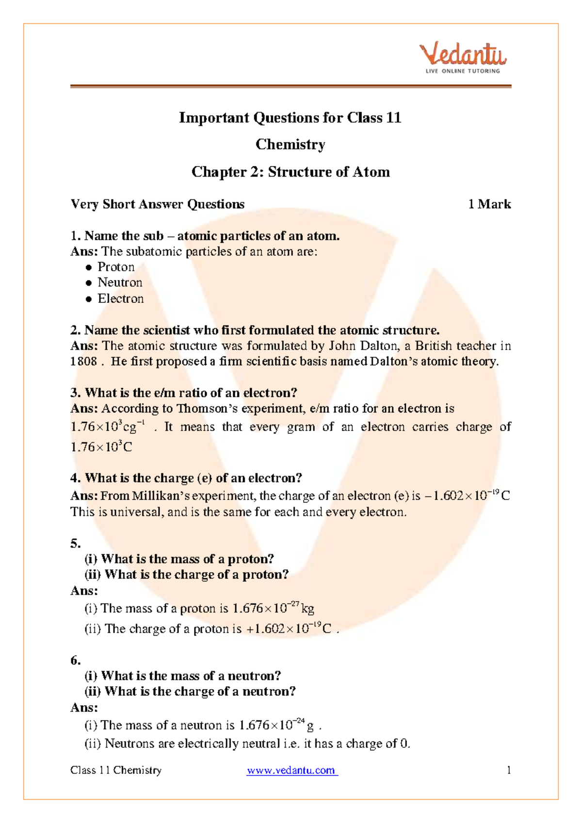 Important Questions for CBSE Class 11 Chemistry Chapter 2 - Important ...