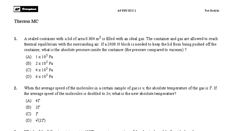 AP PHYSICS 2 Thermodynamics MCQ Test Booklet - Studocu