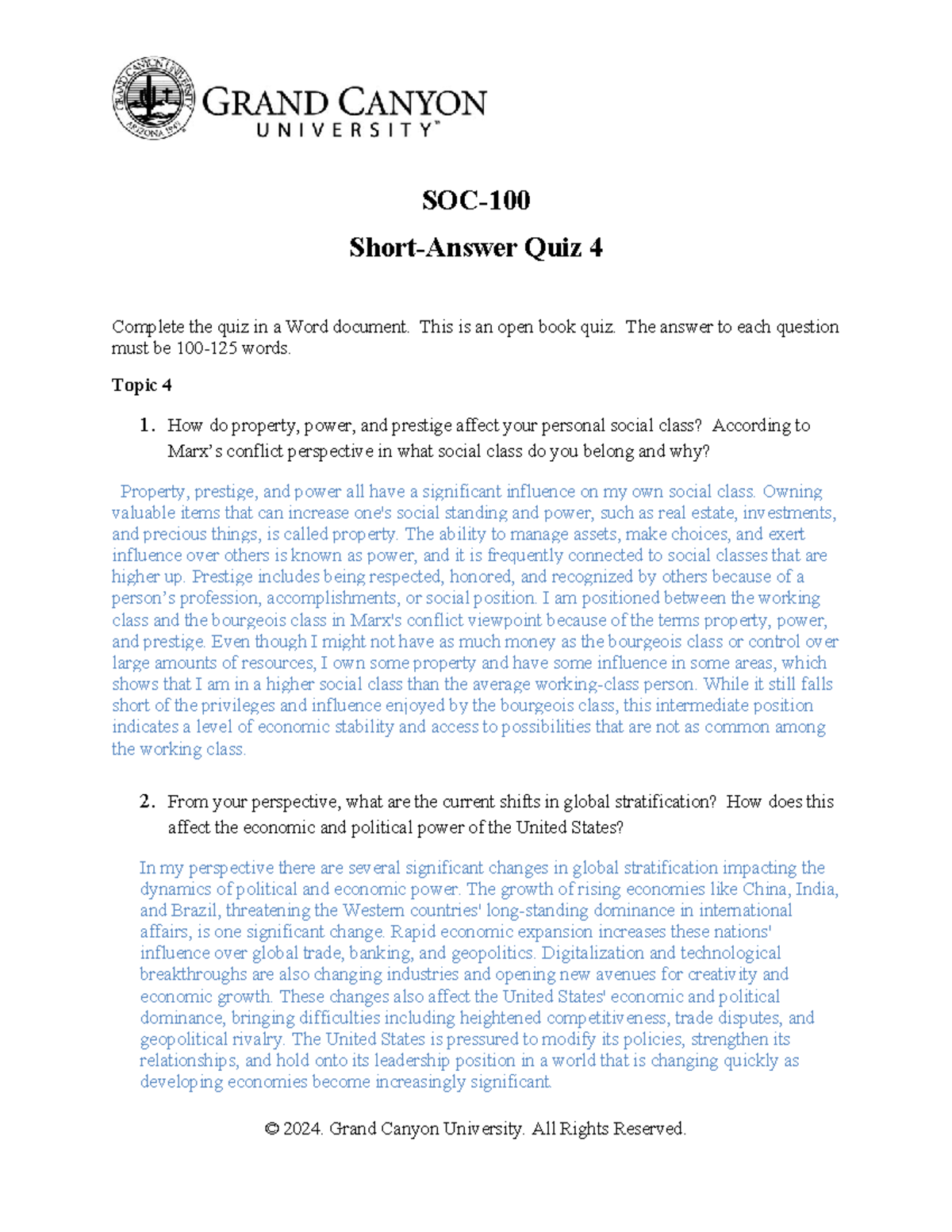 SOC-100 quiz info - SOC- Short-Answer Quiz 4 Complete the quiz in a ...