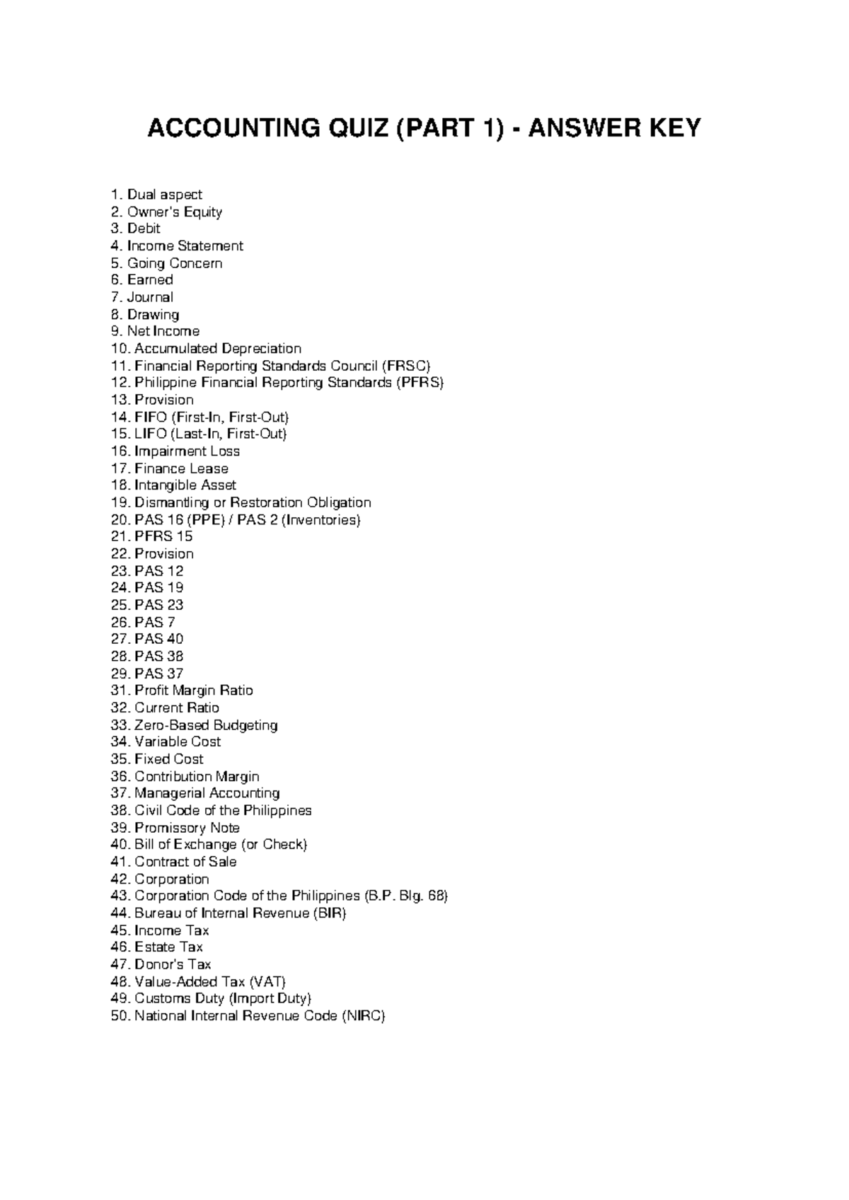 ACCOUNTING QUIZ (PART 1) ANSWER KEY & EXPLANATIONS - Studocu