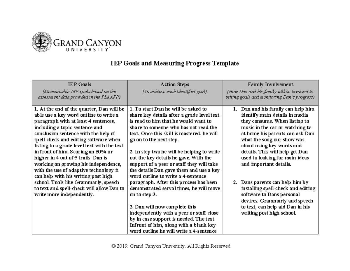 IEP Goals and Measurements for Dan's Progress and Family Involvement ...