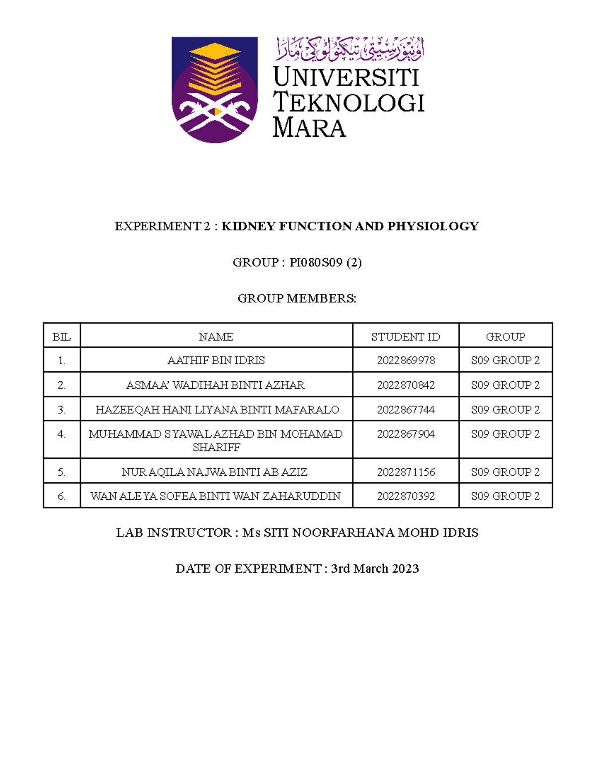 G2 EXP2 - Kidney Function & Physiology Lab Report Overview - Studocu