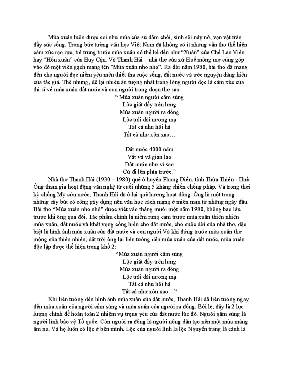 Phân Tích Bài Thơ "Mùa Xuân Nho Nhỏ" - 1233 - Studocu