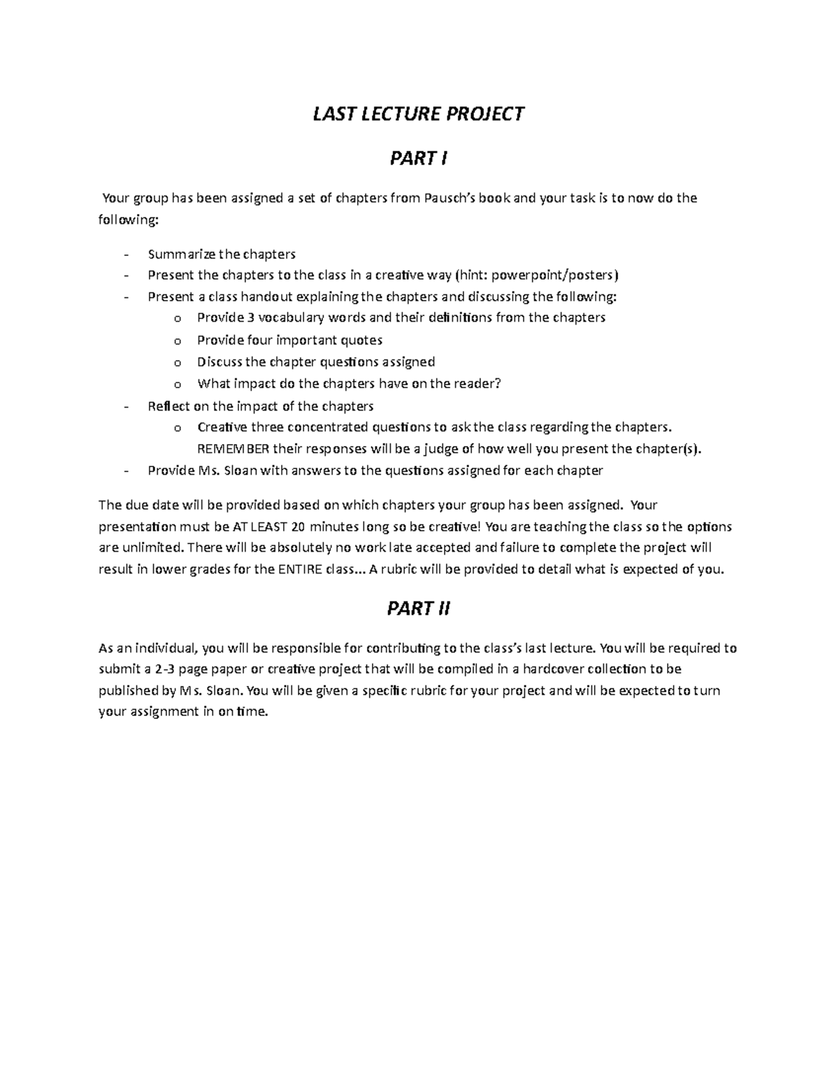 1472301777 Last Lecture Project Part I & II Summary Guide - Studocu