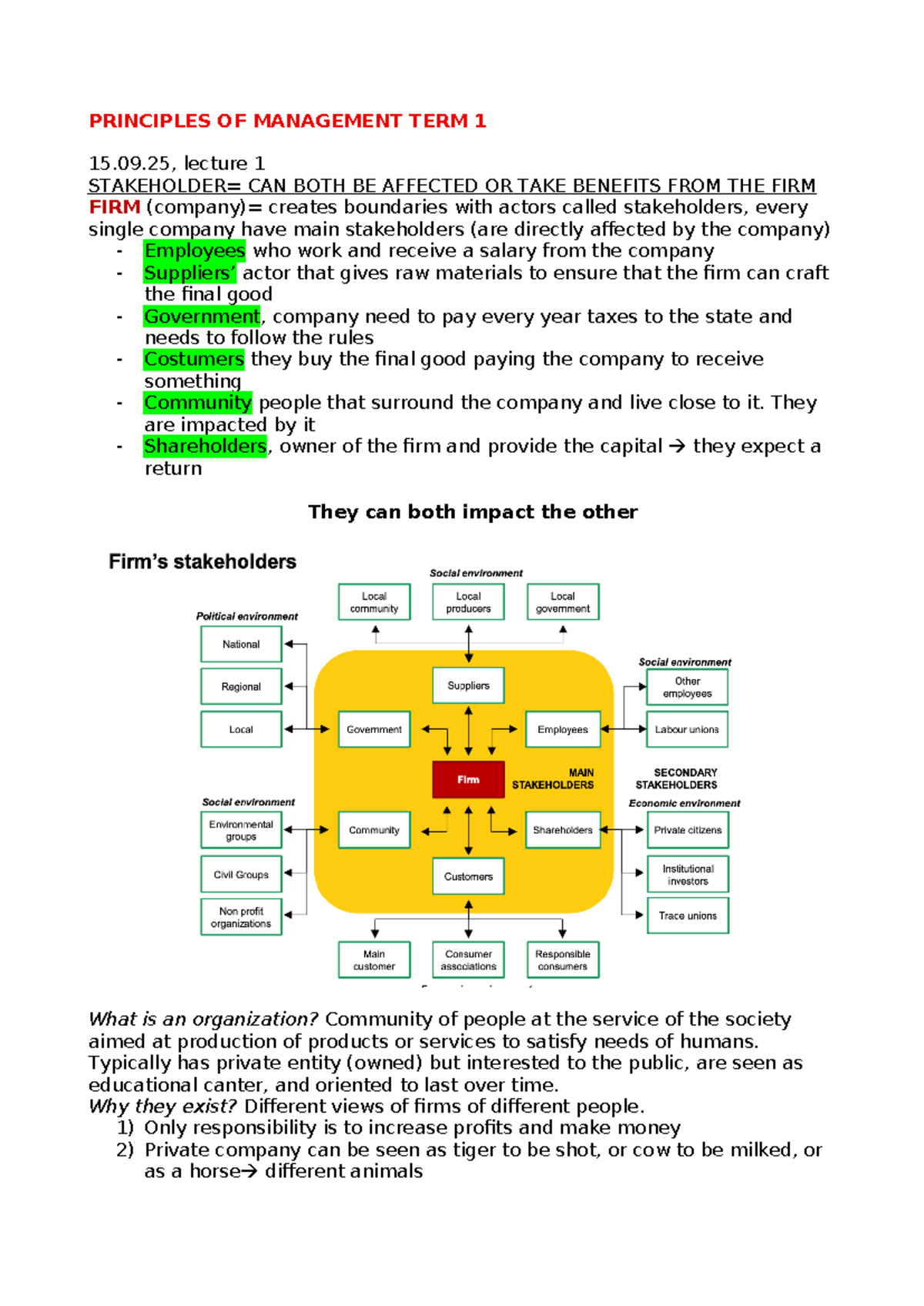 Principles of Management Term 1 Lecture 1: Stakeholders and ...