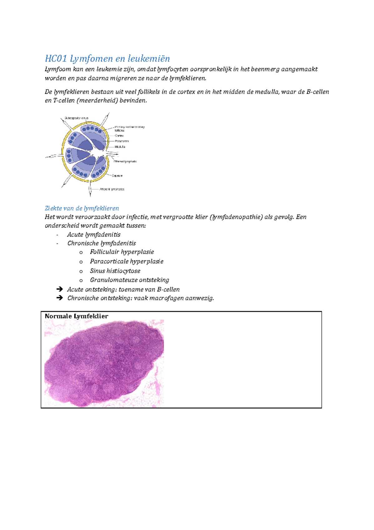 Samenvatting HC01 - Lymfomen en Leukemieën in College 1 - Studeersnel