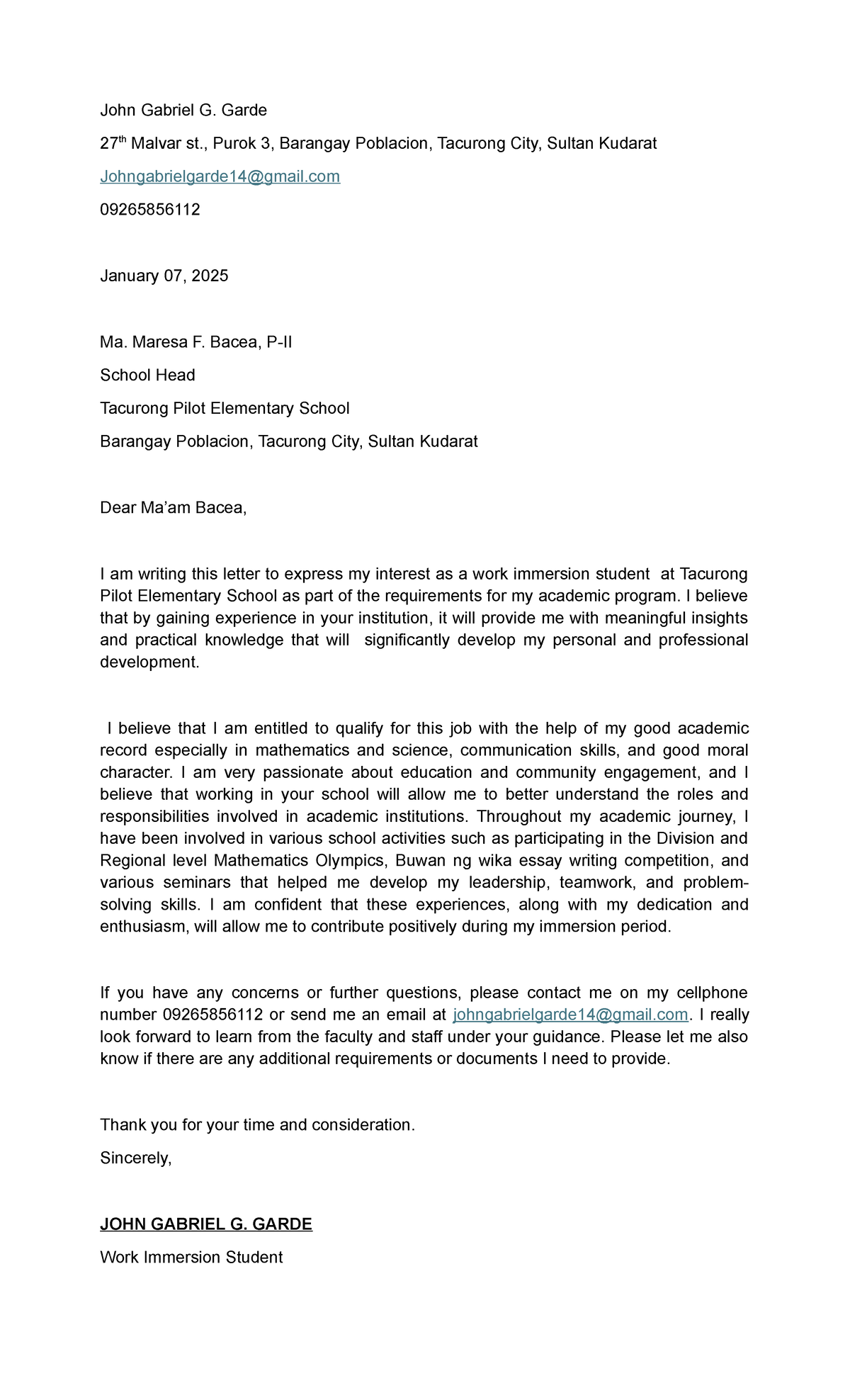 Garde Application letter - John Gabriel G. Garde 27 th Malvar st ...
