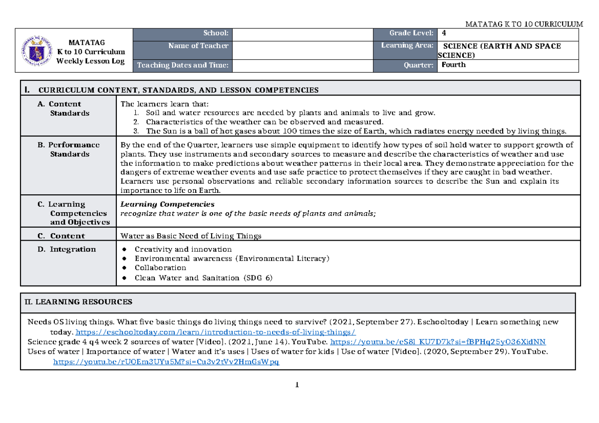 MATATAG K to 10 Curriculum DLL: Science 4 Q4 W2 - Water's Importance ...