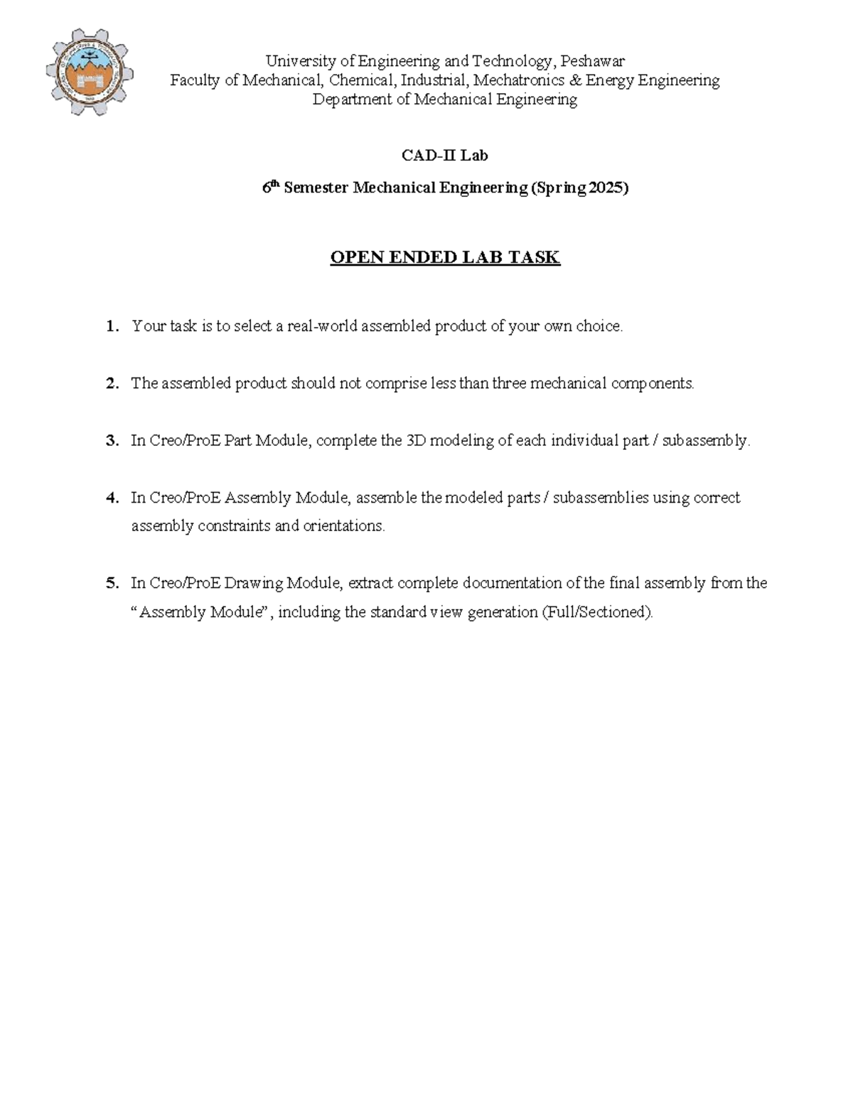 ME 6th Sem Open Ended Lab Task: 3D Modeling & Assembly Guide - Studocu