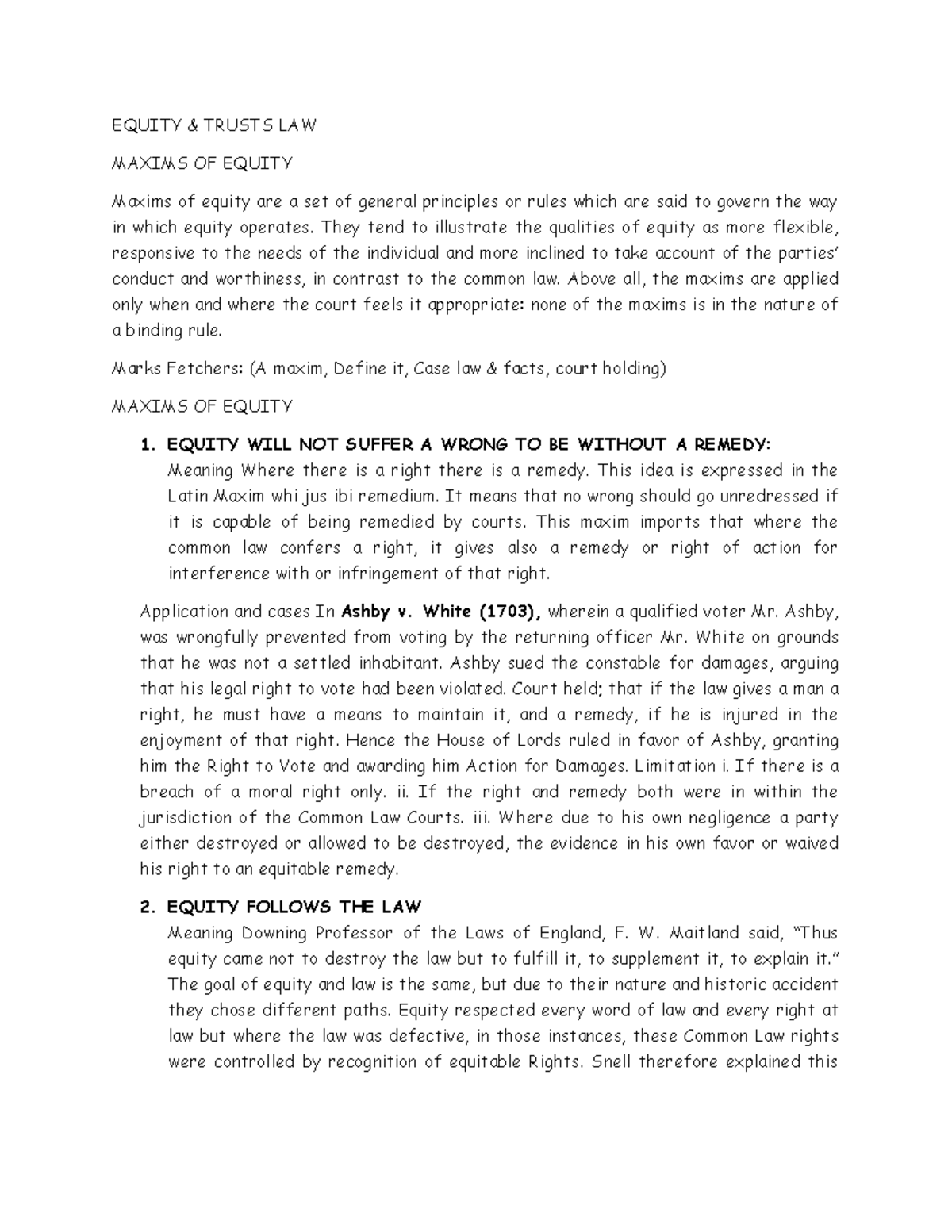 EQUITY TRUSTS LAW: Maxims of Equity Explained (Course Code: LAW101 ...