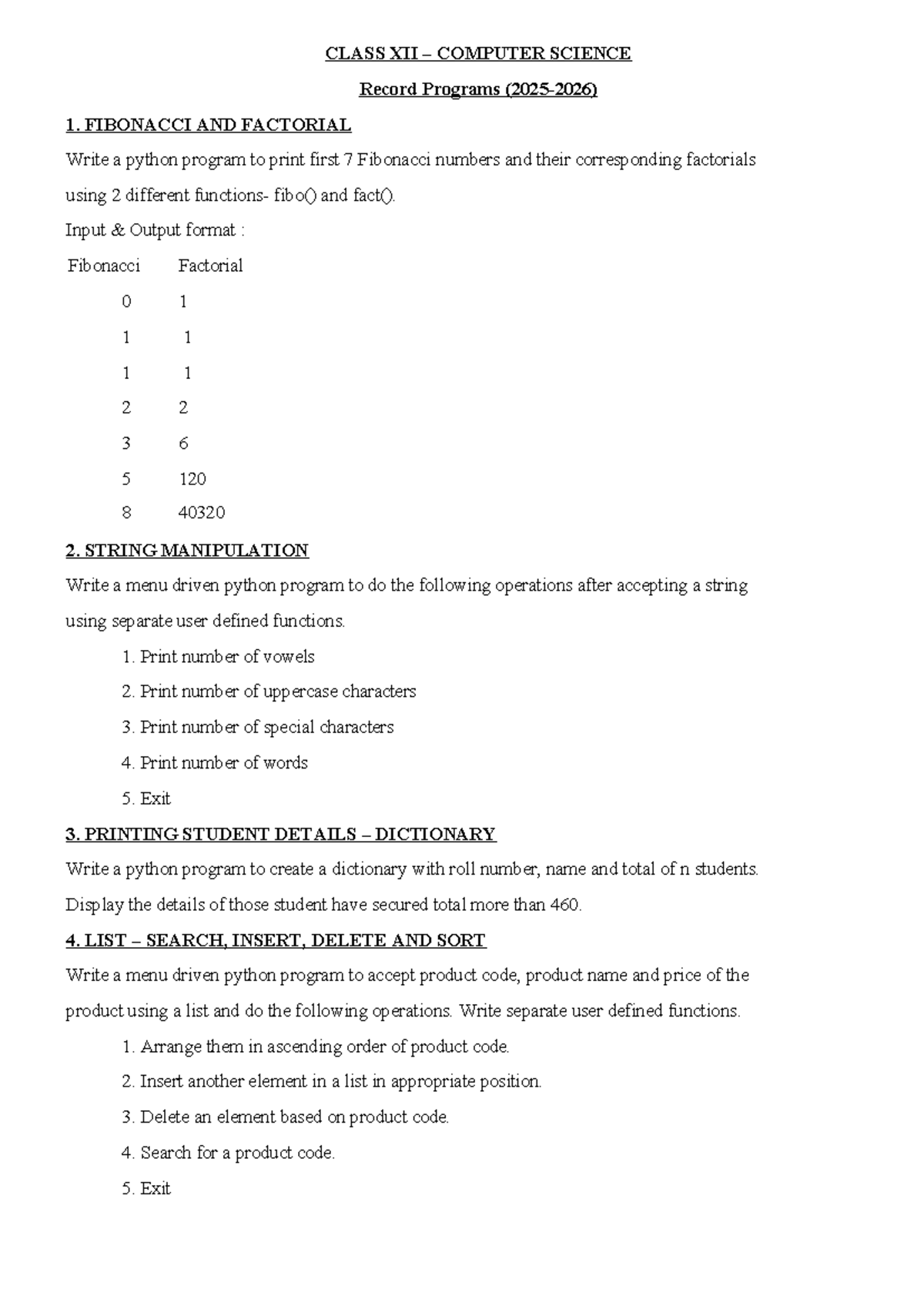 CLASS XII COMPUTER SCIENCE Record Programs: Python Solutions and ...