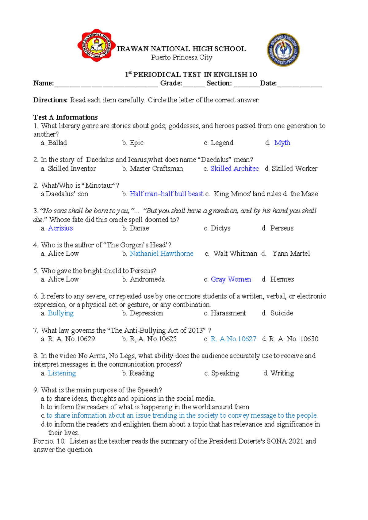 1st Periodical Test in English 10 - Irawan National High School - Studocu