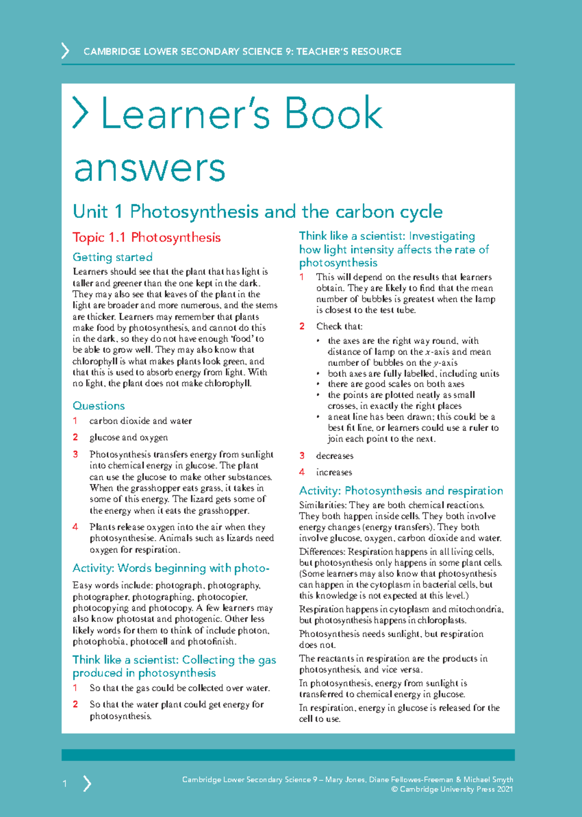 Cambridge Lower Secondary Science 9: Learner Book Answers Guide - Studocu