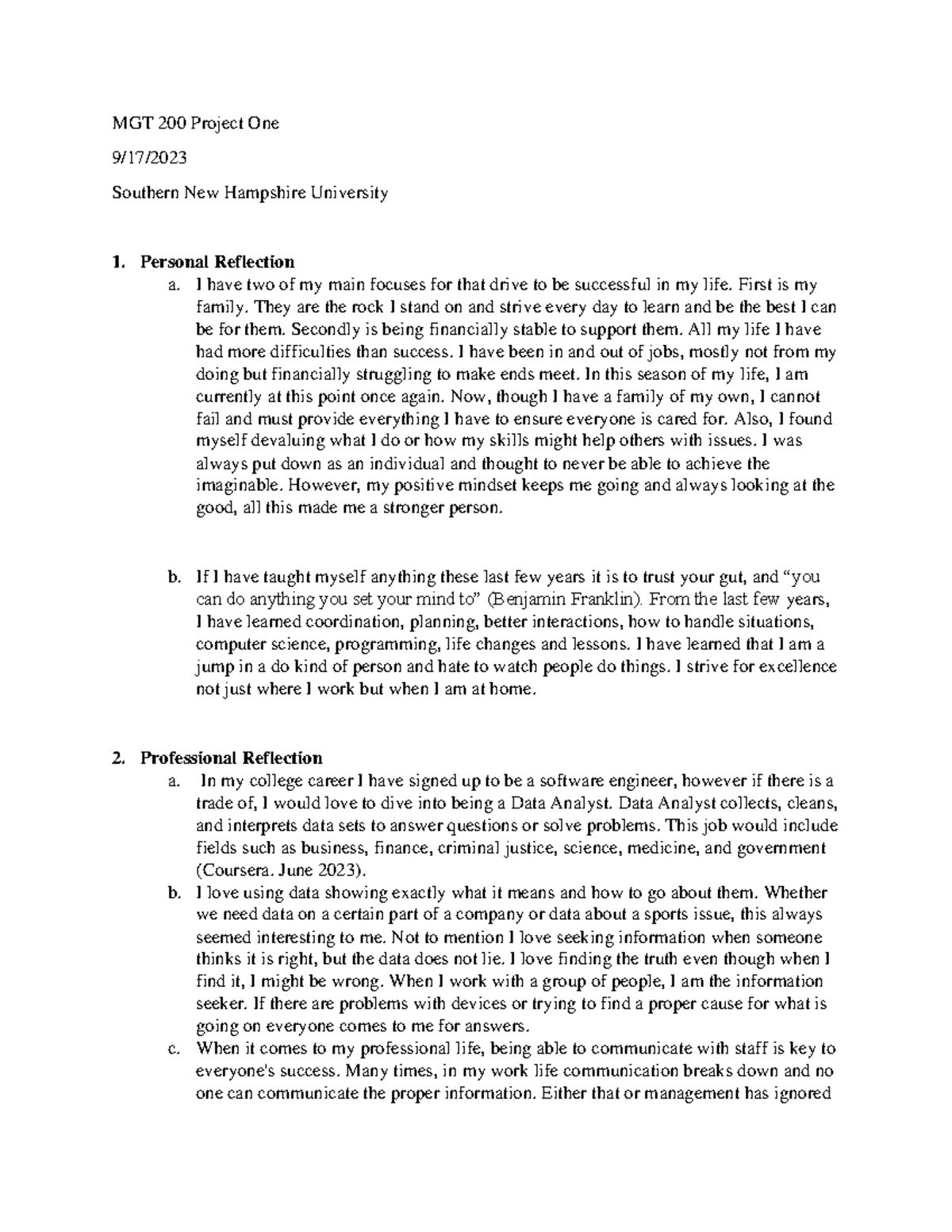 Project One MGT 200 - MGT 200 Project One 9/17/ Southern New Hampshire ...