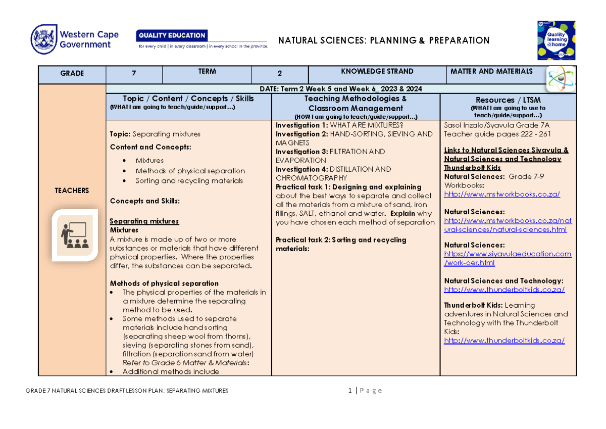 Grade 7 Natural Sciences Lesson Plan: Separating Mixtures T2 W5 & W6 ...