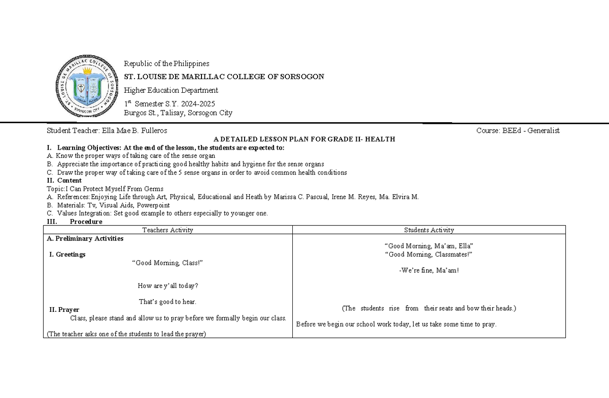 LP Final Demo - Detailed Lesson Plan for Grade 2 Health - Studocu