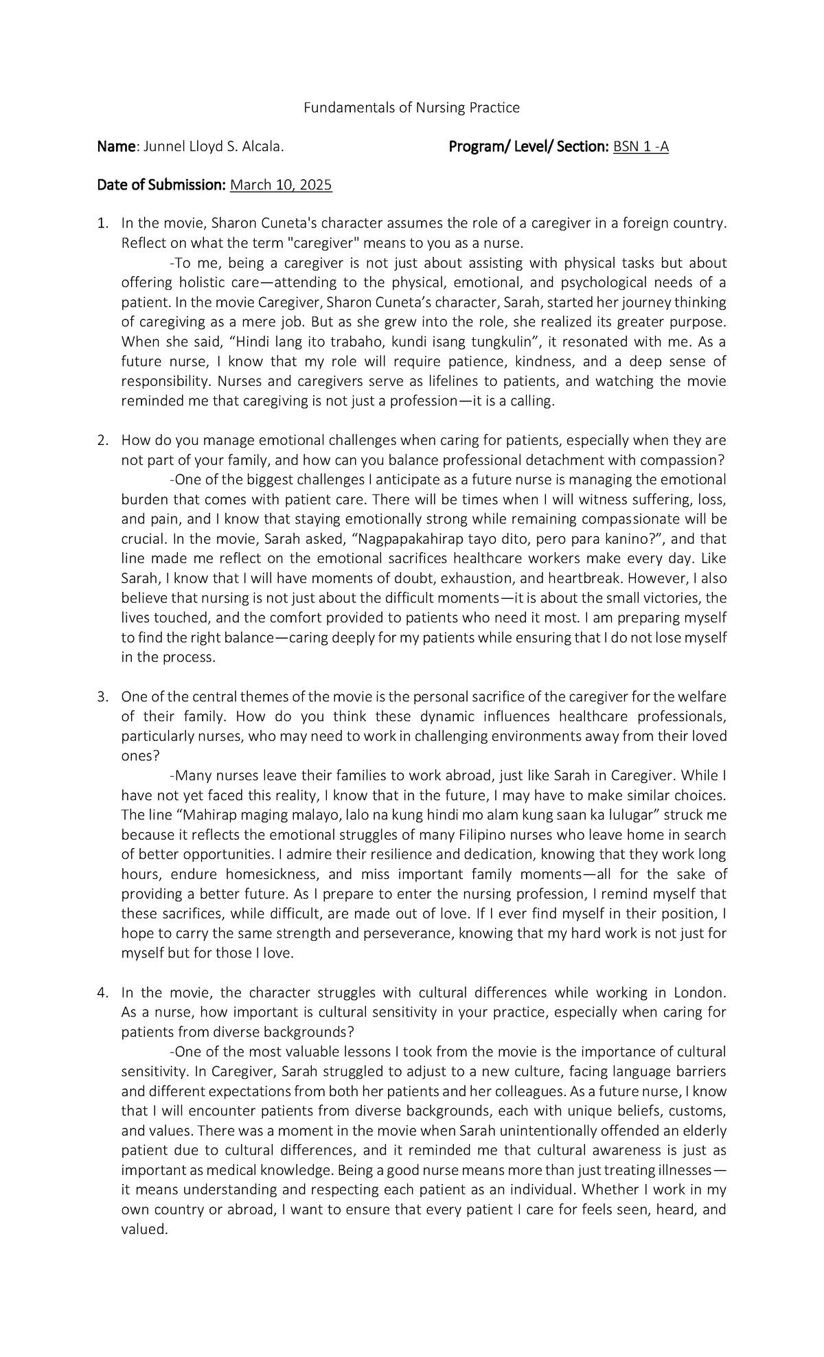 Nursing Reflection Essay: Insights from "Caregiver" (BSN 1) - Studocu