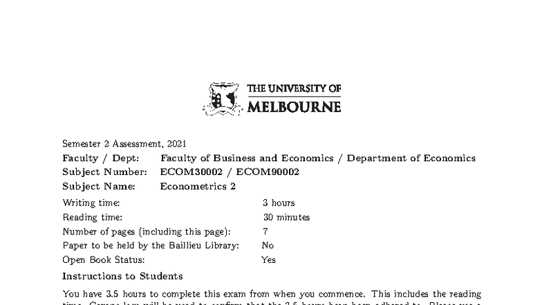 Econometrics 2 Exam 2021 - Practice Assessment - Studocu