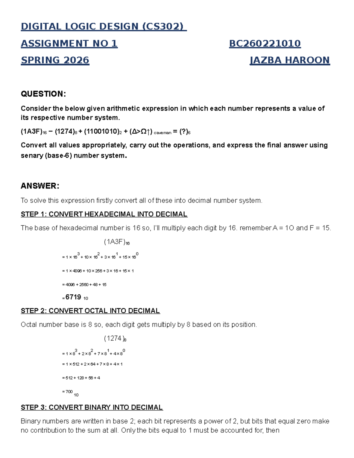 DIGITAL LOGIC DESIGN (CS302) ASSIGNMENT 1: ARITHMETIC CONVERSIONS - Studocu
