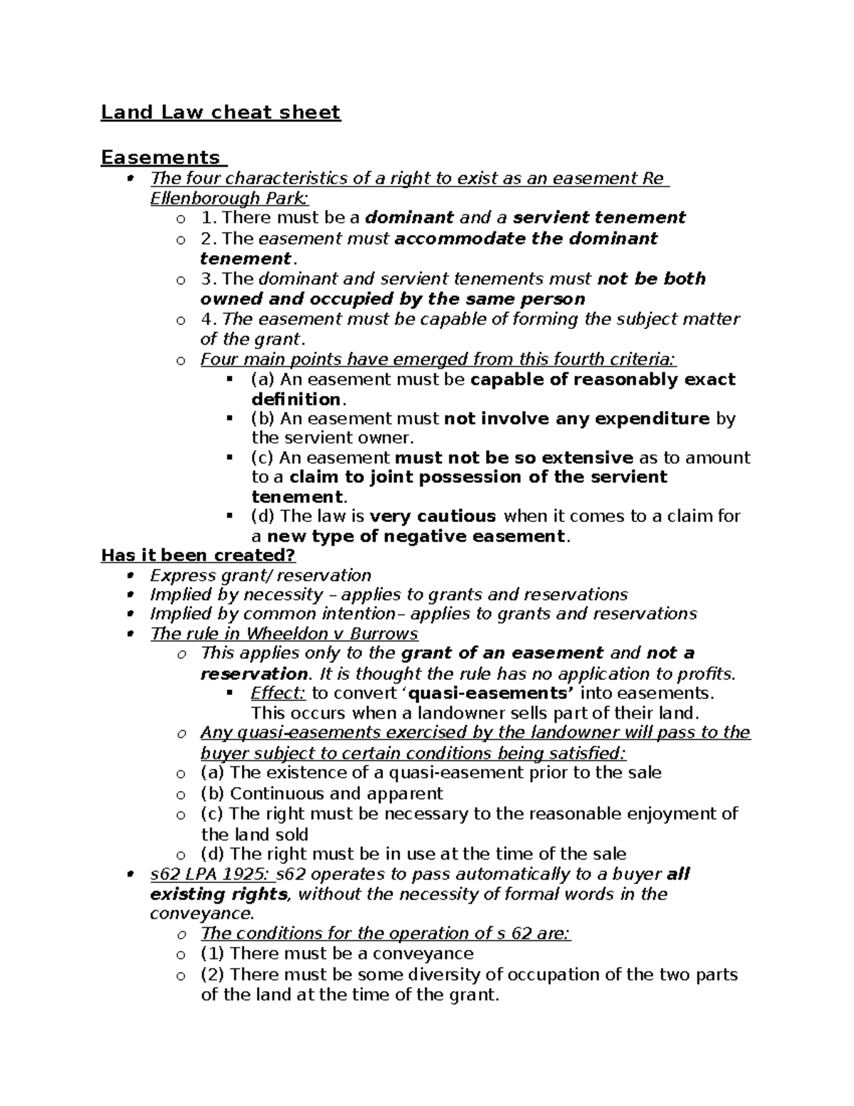 SQE 1 FLK 2 Notes: Land Law Cheat Sheet on Easements and Covenants ...