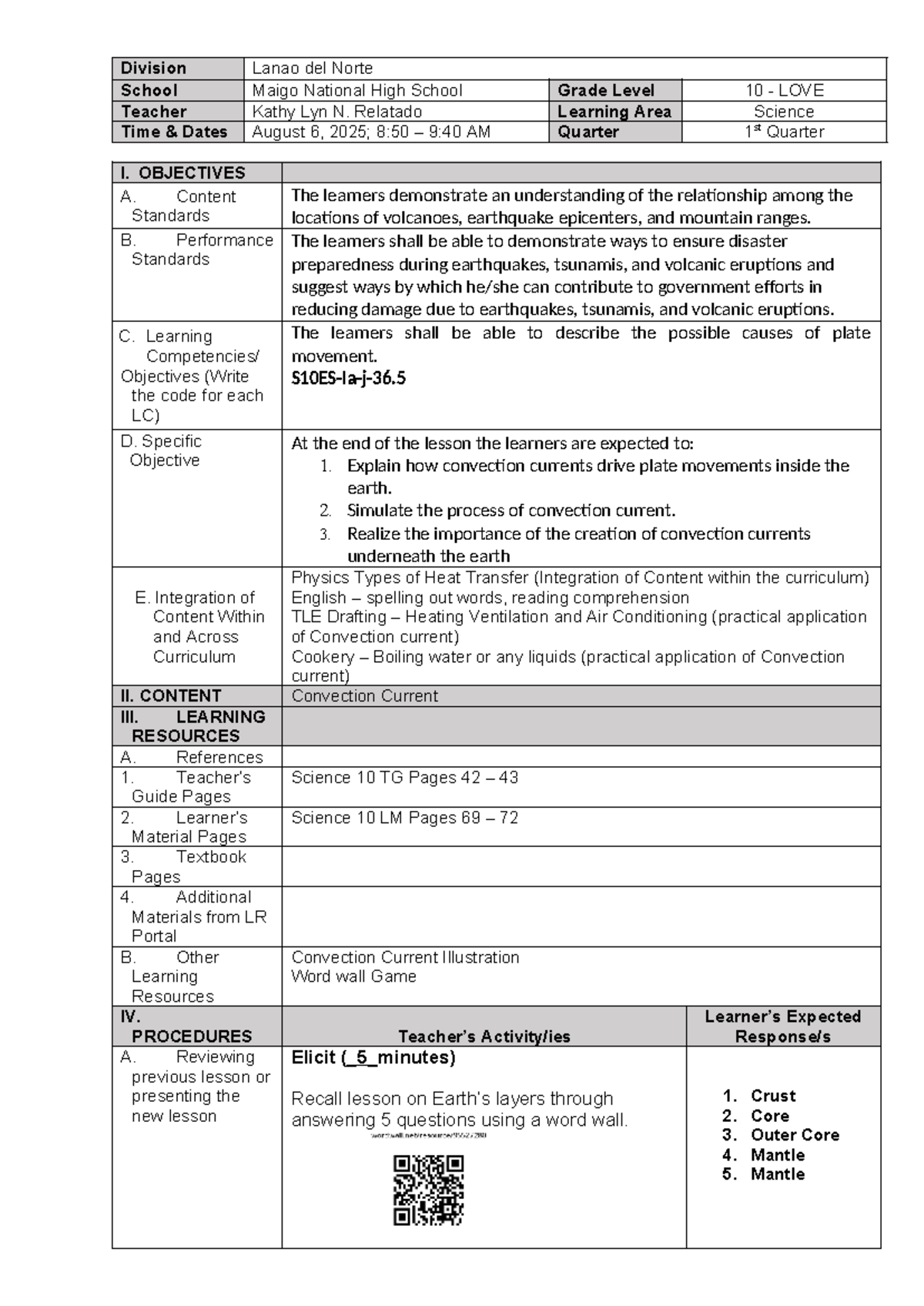 Convection Current - Lesson Plan for Science 10 (1st Quarter) - Studocu