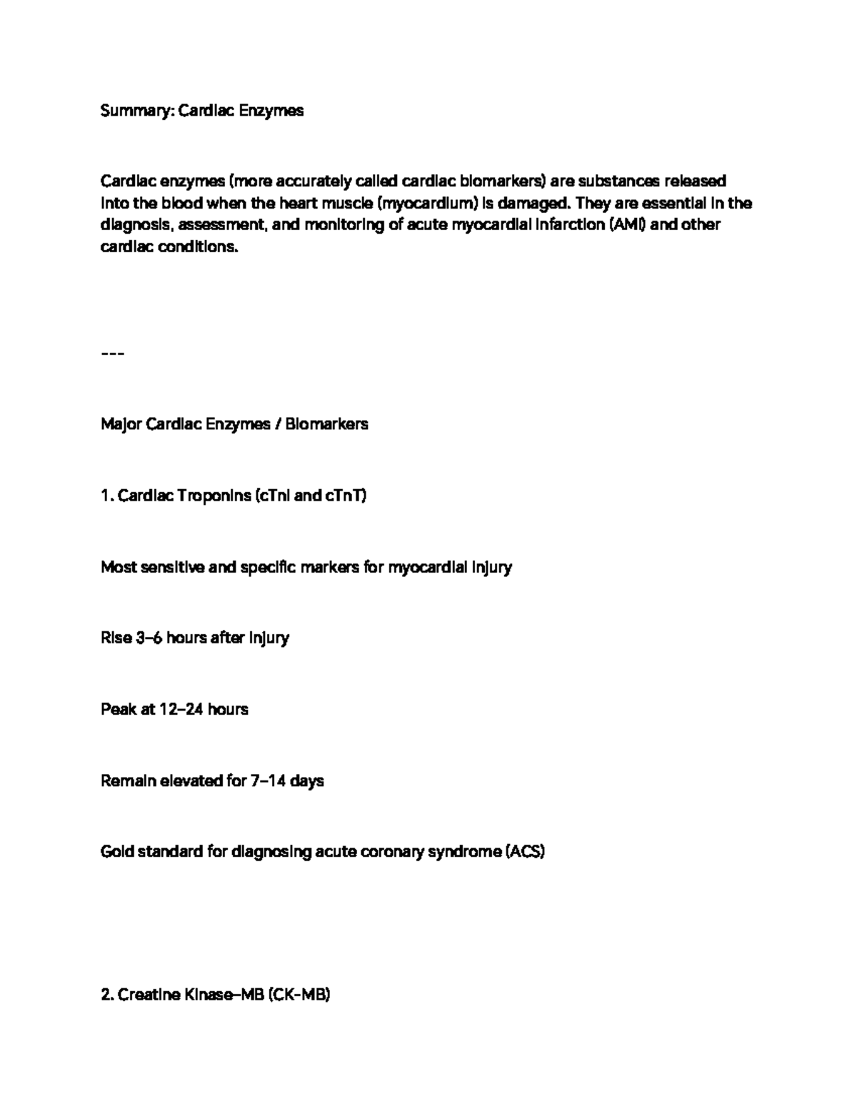 Summary of Cardiac Enzymes and Biomarkers for AMI - Studocu