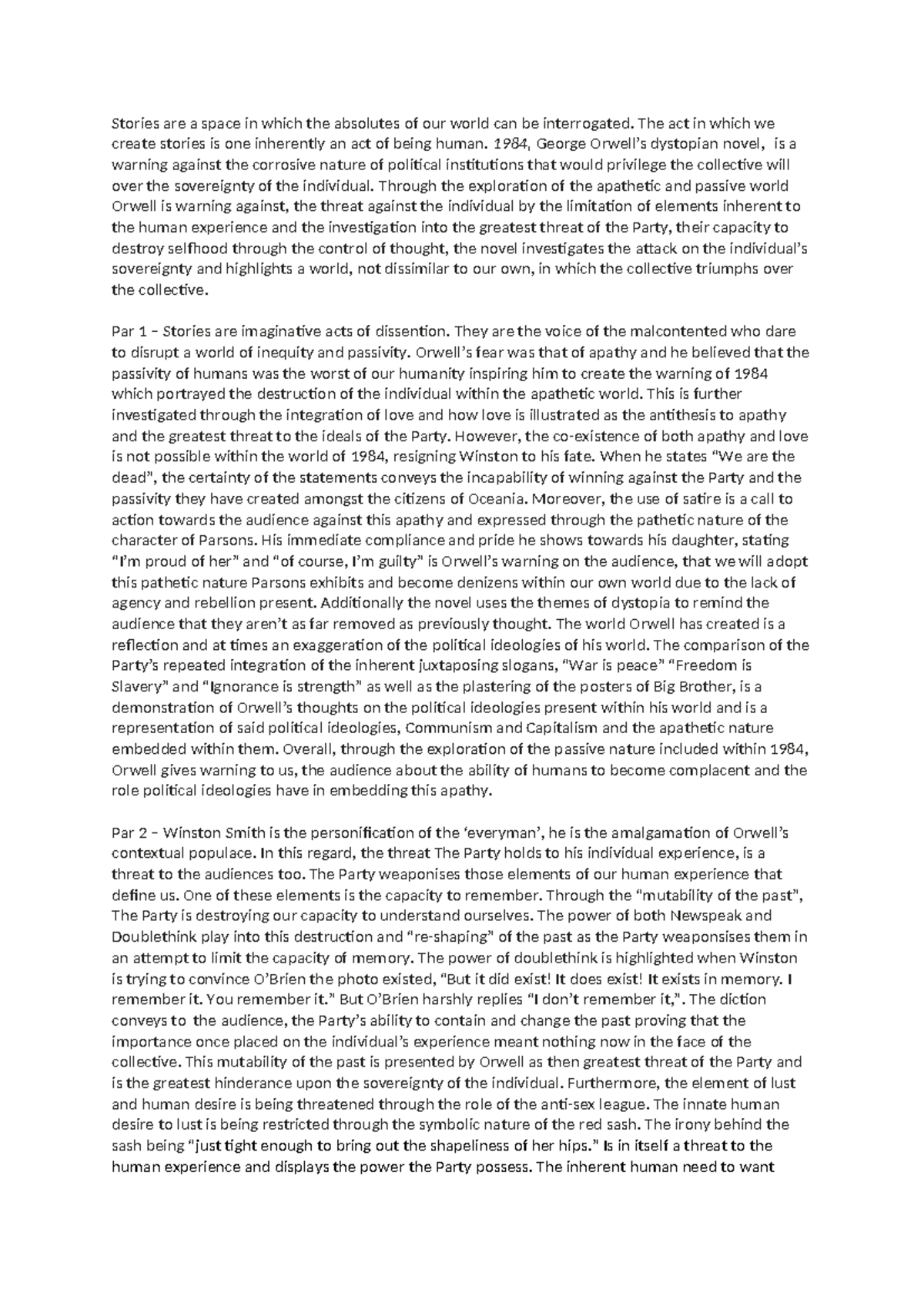 1984 Essay No1: Exploring Orwell's Warning on Apathy and Individuality ...
