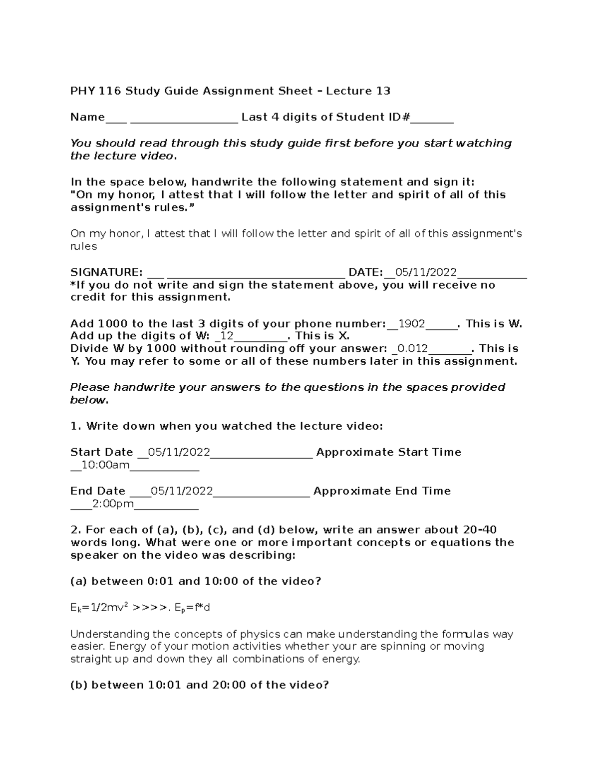 PHY 116 Study Guide 13 - Grade A weekly assignment phy 116 - PHY 116 Study Guide Assignment ...