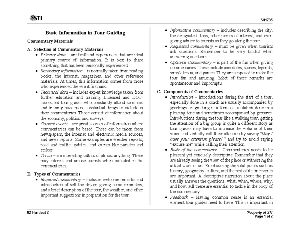 02 Handout 2: Essential Commentary Techniques in Tour Guiding - Studocu