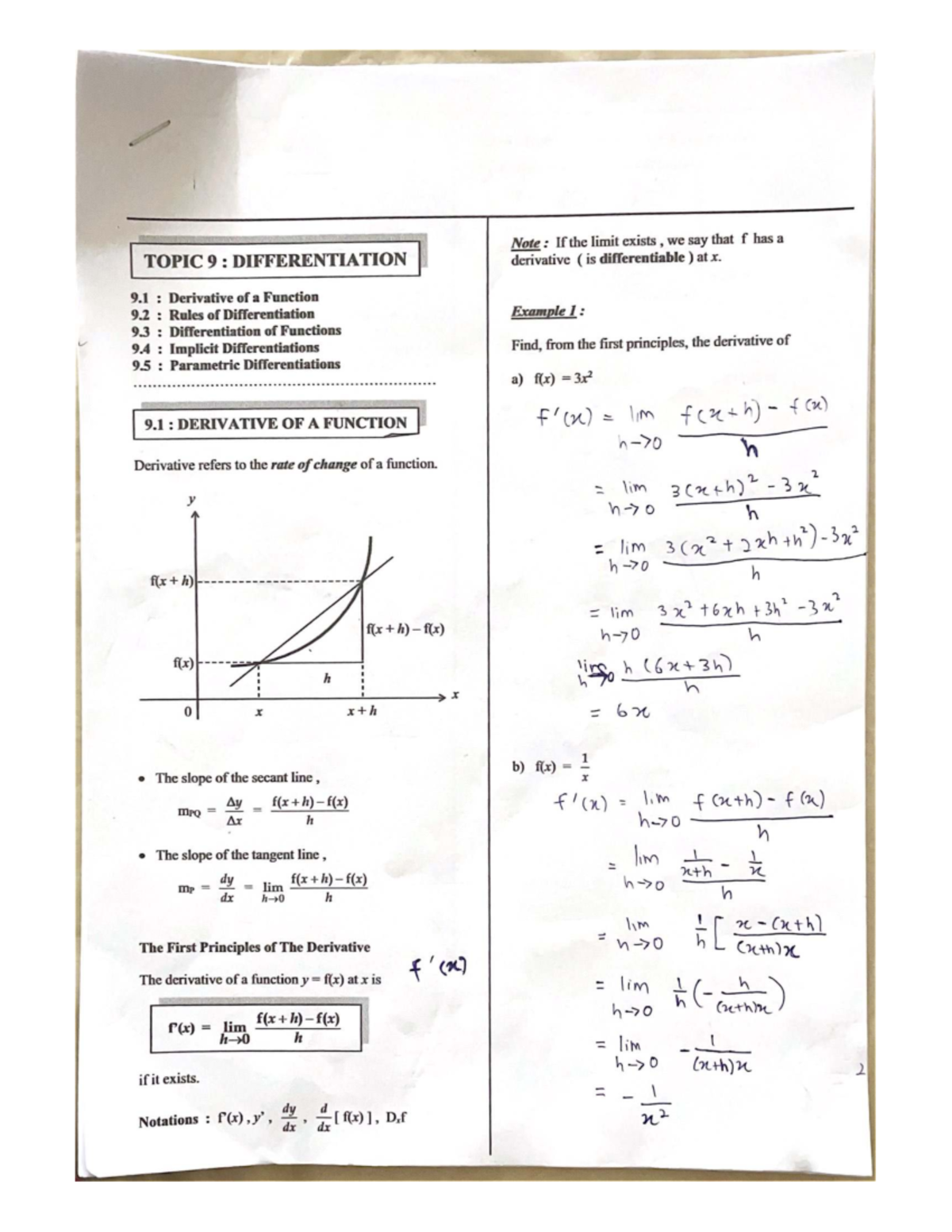 Topic 9: Differentiation - Derivatives and Rules Explained - Studocu