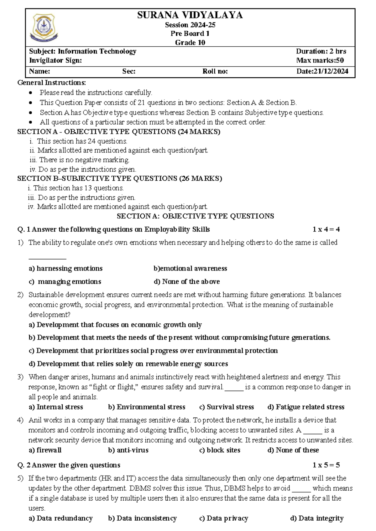 G10 Pre-Board 1 - Computer Science & IT Exam Instruction and Questions ...