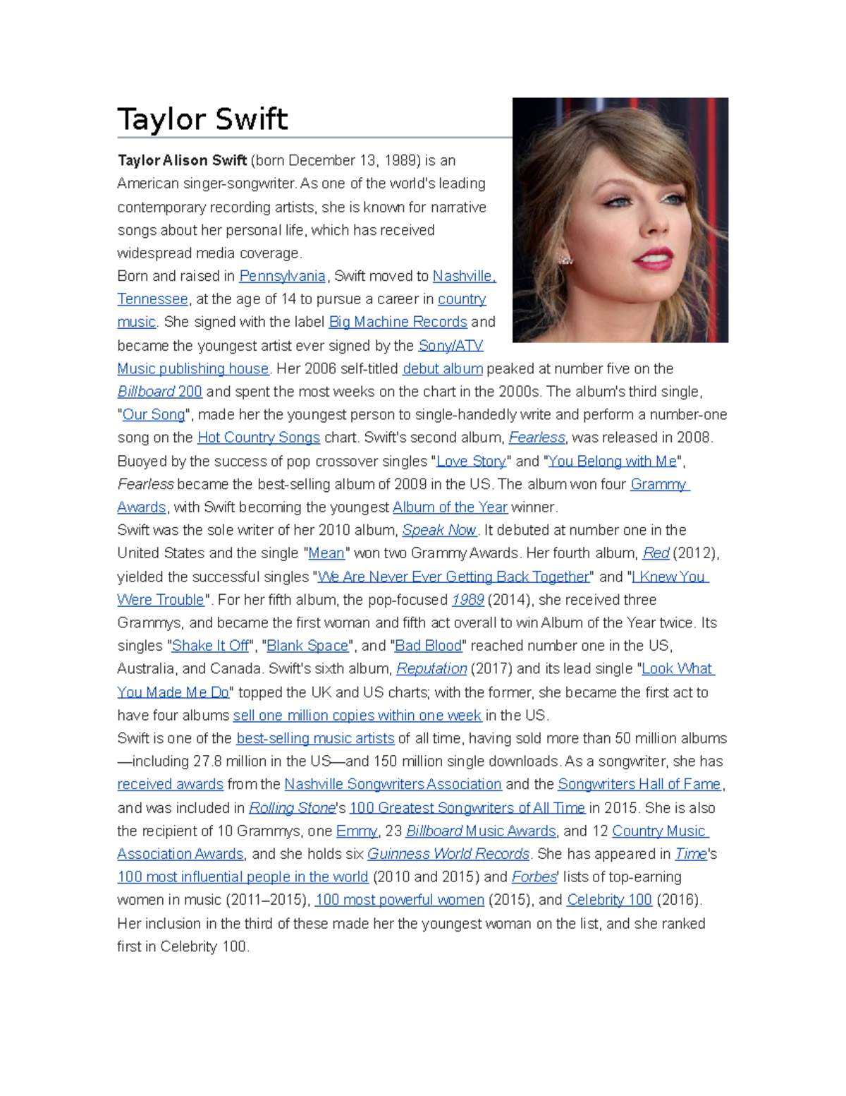 Biography singers, english for reading - Taylor Swift Taylor Alison ...