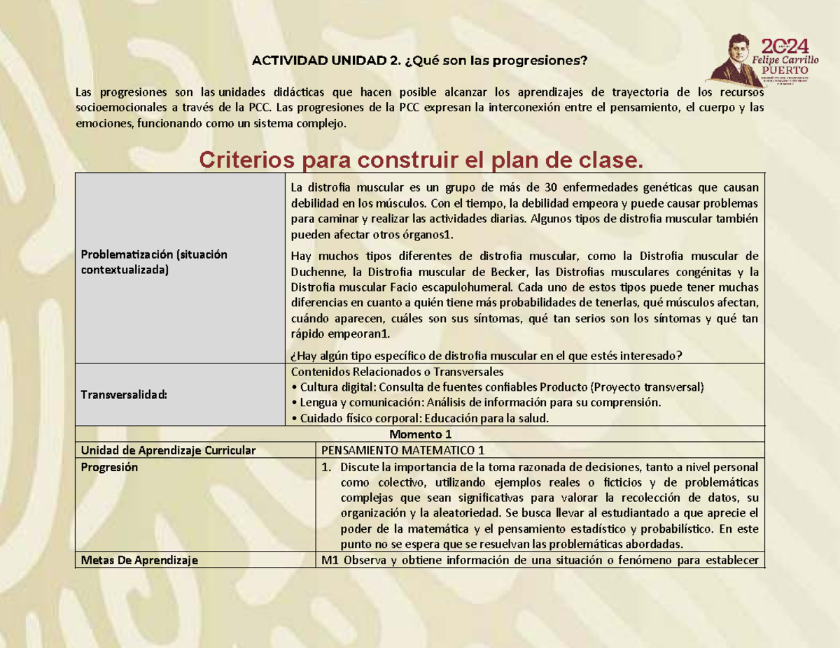 Plan de Clase: Progresiones y Distrofias Musculares - Unidad 2 - Studocu