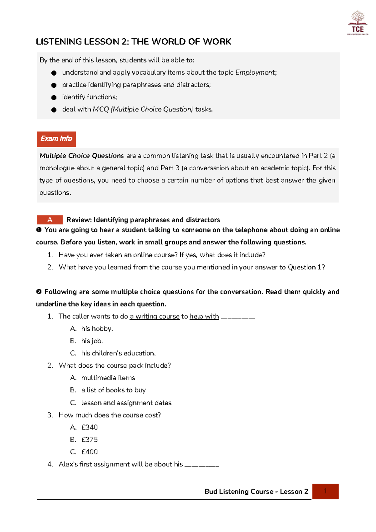 LISTENING LESSON 2: VOCABULARY & MCQ PRACTICE ON WORK PLACEMENT - Studocu