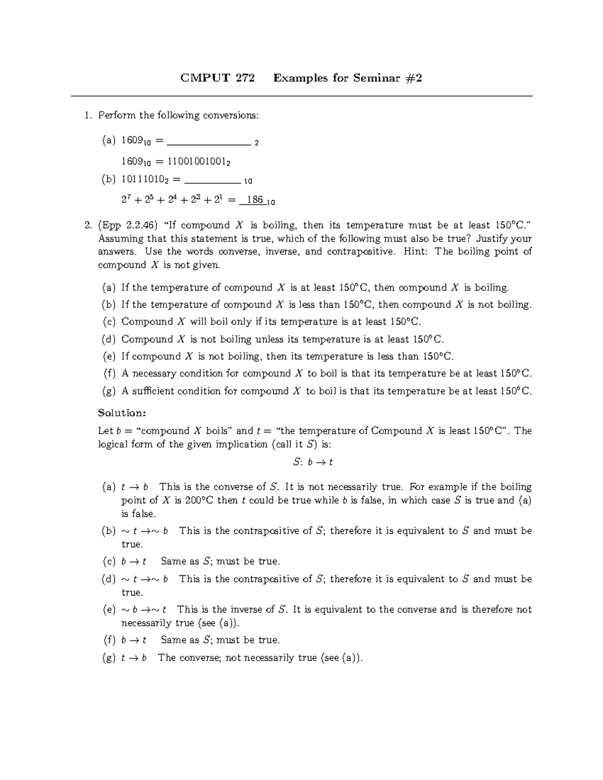 CMPUT 272 Seminar 1 Conversion Examples and Logical Implications - Studocu