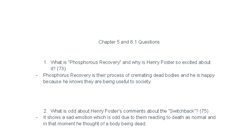 Brave New World: Chapter 5 & 6 Analysis Questions - Studocu