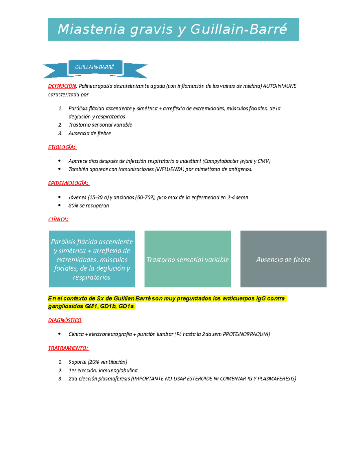 Guillain-Barré y Miastenia Gravis: Etiología, Diagnóstico y Tratamiento - Studocu