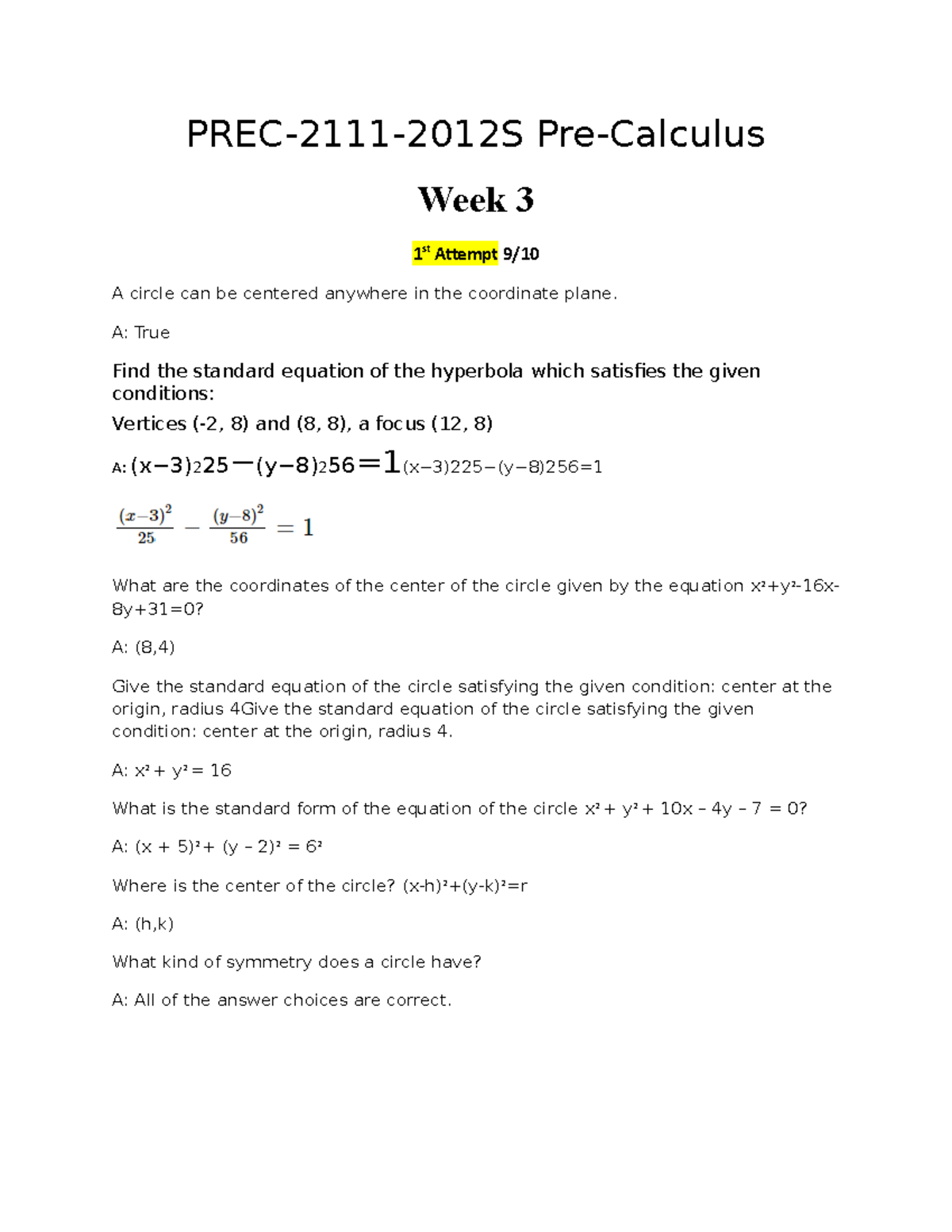 Pre calculus week 1 20 wewo summary of answer key and guidelines - PREC ...