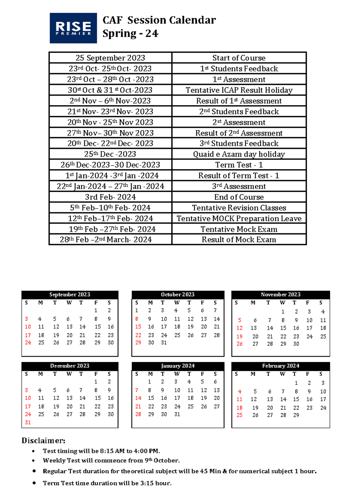 CAF Session Calendar Spring 24 - Weekly Test will commence from 9 th ...