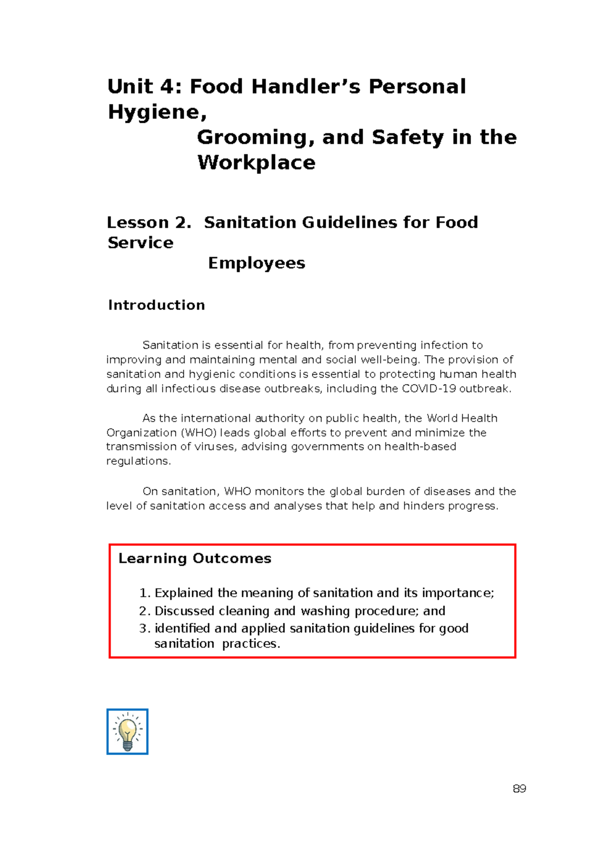 Unit 4 Lesson 2 - unit 4 - Unit 4: Food Handler’s Personal Hygiene ...