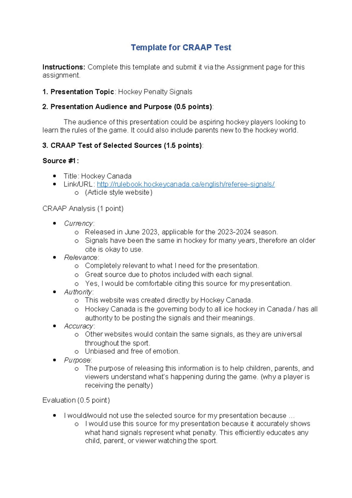 CRAAP Analysis & Evaluation Template for Hockey W25 - Studocu