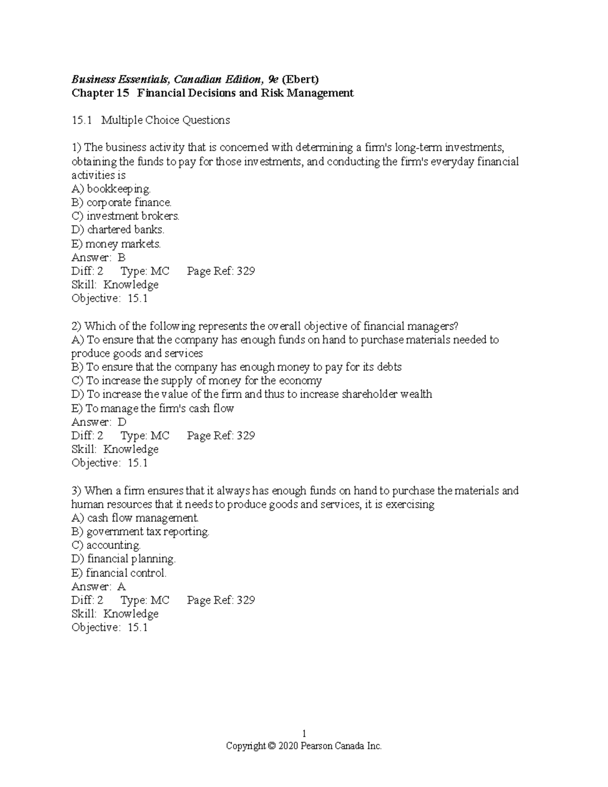 Chapter 15: BUSI 1110 Final Exam Answer Key on Financial Decisions ...